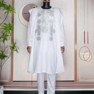 HD African Apparel Agbada Clothing Embroidery Dashiki Shirts and Pants African Men Outfits 3 Pieces, White L