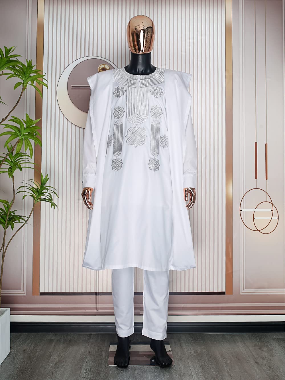 HD African Apparel Agbada Clothing Embroidery Dashiki Shirts and Pants African Men Outfits 3 Pieces, White L