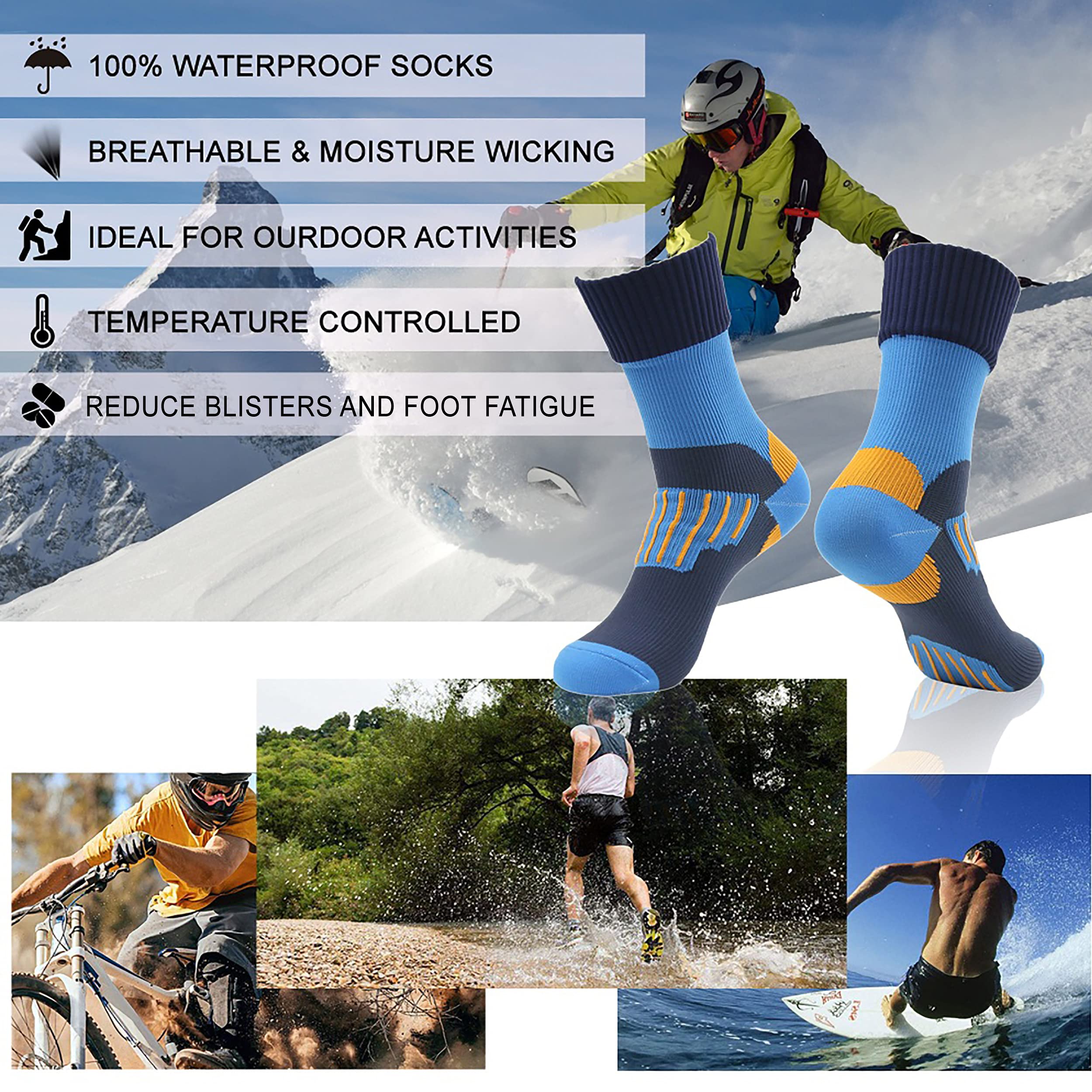 RANDY SUN Waterproof Outdoor Socks, Men's Stylish Hiking Camping Backing Ankle Crew Socks 1 Pair (Blue,Medium)