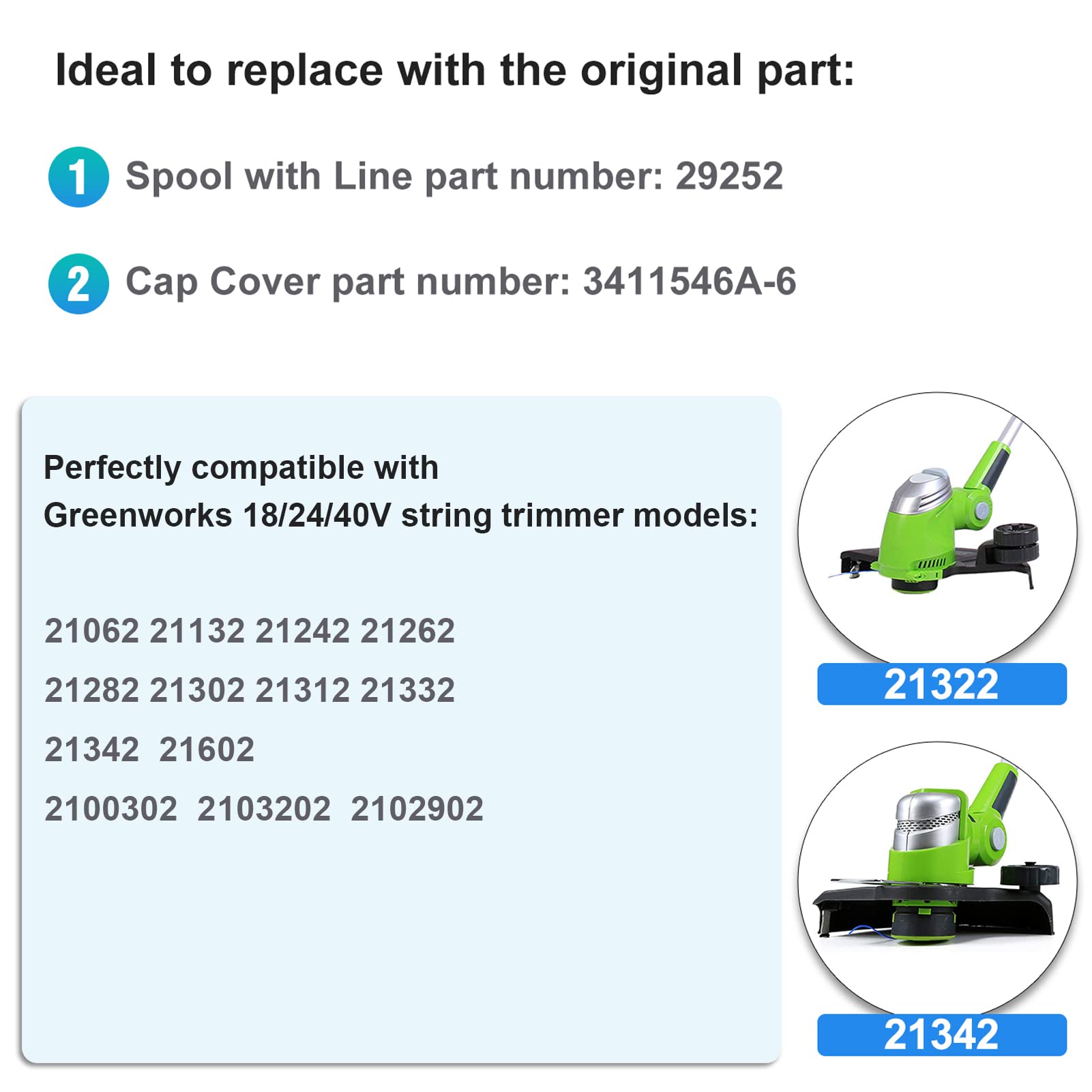 Future Way 8-Pack Weed Eater String Replacement for Greenworks 20V, 40V Single Line Cordless Trimmers, Plus 1 Cap