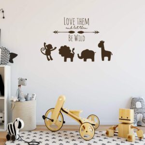 animal themed wall decal - love them let them be wild - vinyl decor for baby's nursery, bedroom kids room, playroom or classroom – silhouette of lion, hippo, elephant and giraffe