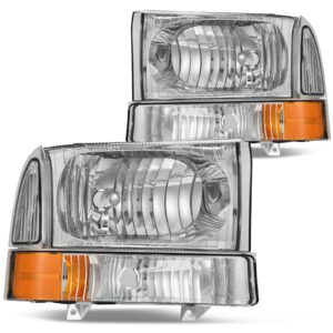 dwvo headlights assembly compatible with 1999-2004 ford f-250 f-350 f-450 f-550 super duty/2000-2004 ford excursion pickup truck signal lamps chrome housing clear lens amber reflector