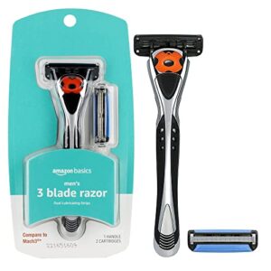 amazon basics 3-blade motion sphere razor for men with dual lubrication, handle & 2 cartridges, cartridges fit amazon basics razor handles only, 3 piece set, black (previously solimo)