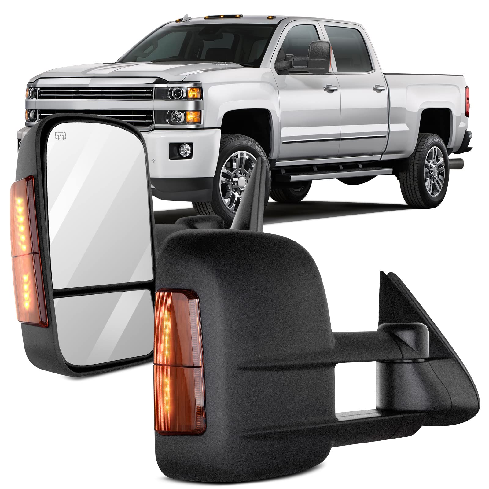 OCPTY Towing Mirrors Tow Mirrors Compatible with 2003-2006 for Chevy Silverado 1500/2500 HD/3500/Tahoe for GMC Sierra 1500/2500 HD/3500/Yukon XL with Black Turn Signal Power Heated Manual Folding