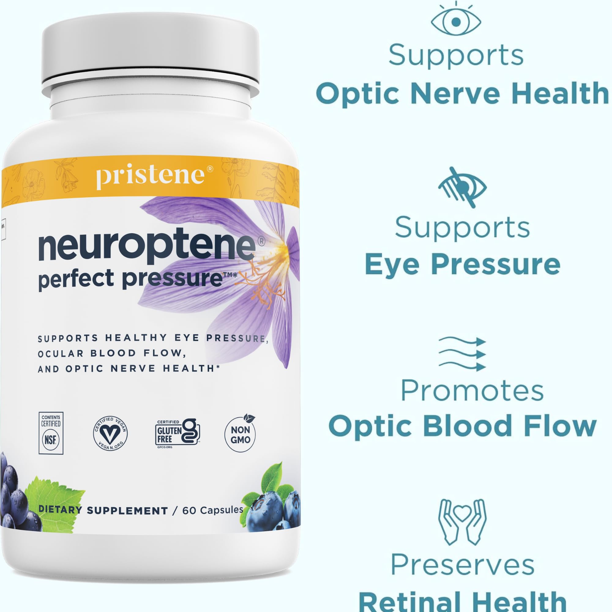 Eye Pressure Supplement with Bilberry Saffron Niacinamide CoQ10 for Optic Nerve Relief - Helps Support Healthy Retinal Blood Flow - Neuroptene® (60 Capsules)