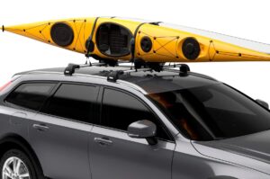 thule compass kayak and sup roof rack - carries 2 kayaks or 2 sups - j-style carrier - universal mounting hardware included - fits 36" wide kayaks and sups - 130lb weight limit