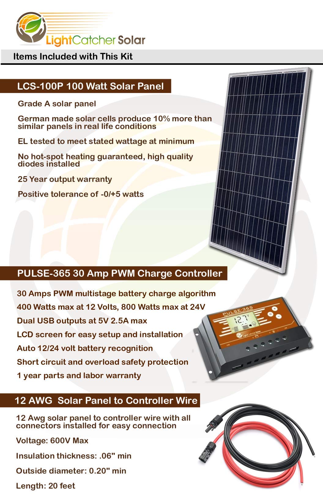 LightCatcher-Solar 100-Watt 12-Volt Polycrystalline Solar Panel Kit (Panel+PWM Controller + 20' Wire)