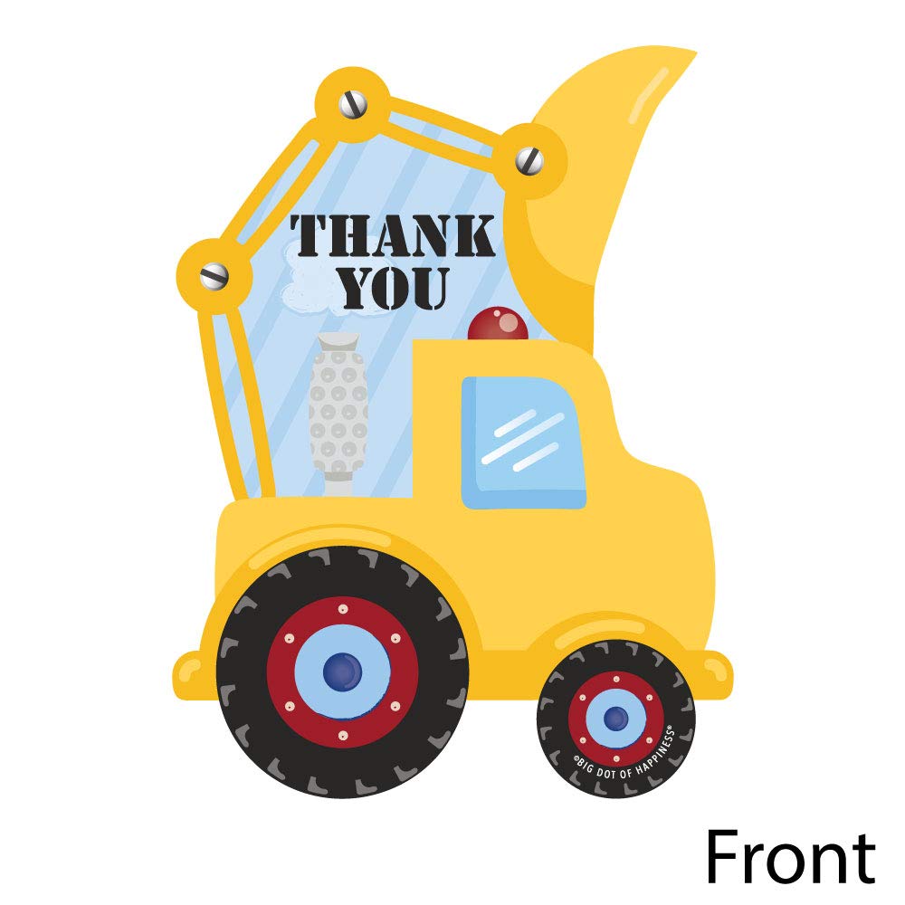 Big Dot of Happiness Construction Truck - Shaped Cards - Baby Shower or Birthday Party Thank You Note with Envelopes - Set of 12