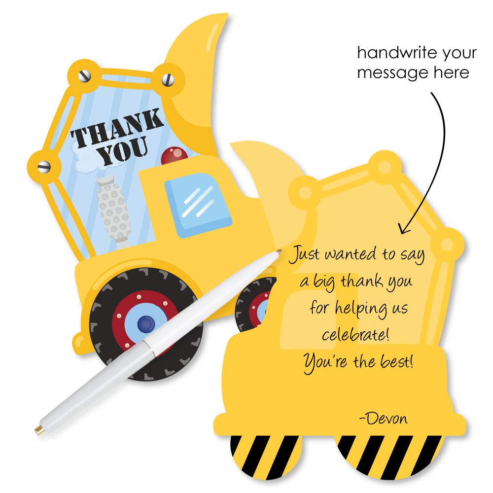 Big Dot of Happiness Construction Truck - Shaped Cards - Baby Shower or Birthday Party Thank You Note with Envelopes - Set of 12