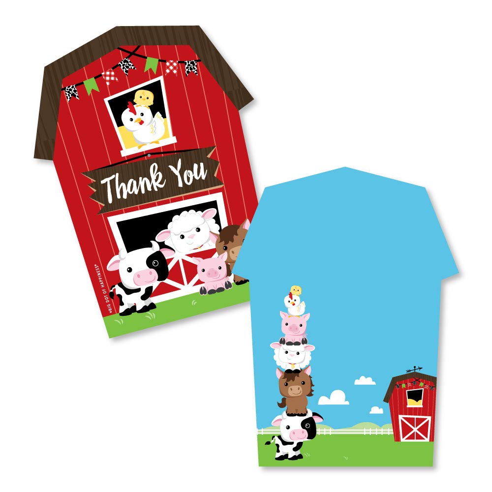 Big Dot of Happiness Farm Animals - Shaped Cards - Barnyard Baby Shower or Birthday Party Thank You Note with Envelopes - Set of 12