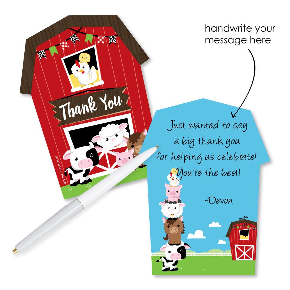 Big Dot of Happiness Farm Animals - Shaped Cards - Barnyard Baby Shower or Birthday Party Thank You Note with Envelopes - Set of 12