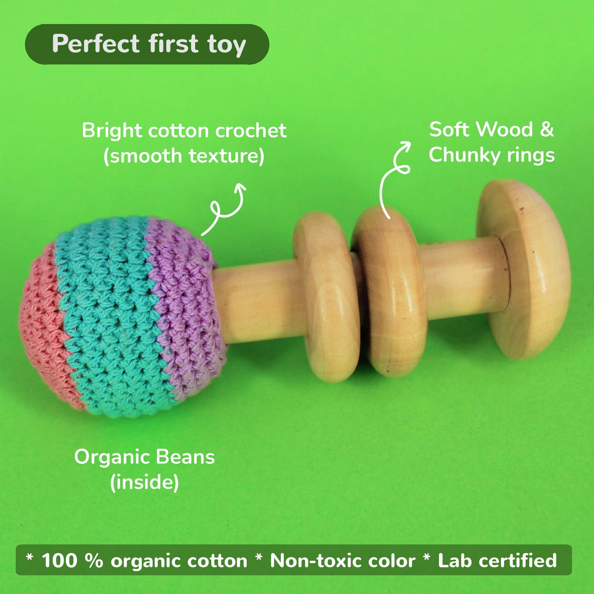 Shumee Crochet Handmade Wooden Rattle for Babies - Perfect Montessori Toys|Grasping Teething Toy for Babies, Wooden Ring Rattle Teether Chew Wood Beads Rattling Teething Gym Toys|Baby Birthday Gifts