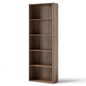 Tangkula 5-Shelf Bookcase, 23.5''L x 9.5''W x 67''H, Multi-Functional Wood Storage Display Open Bookshelf for Home Office (Walnut)