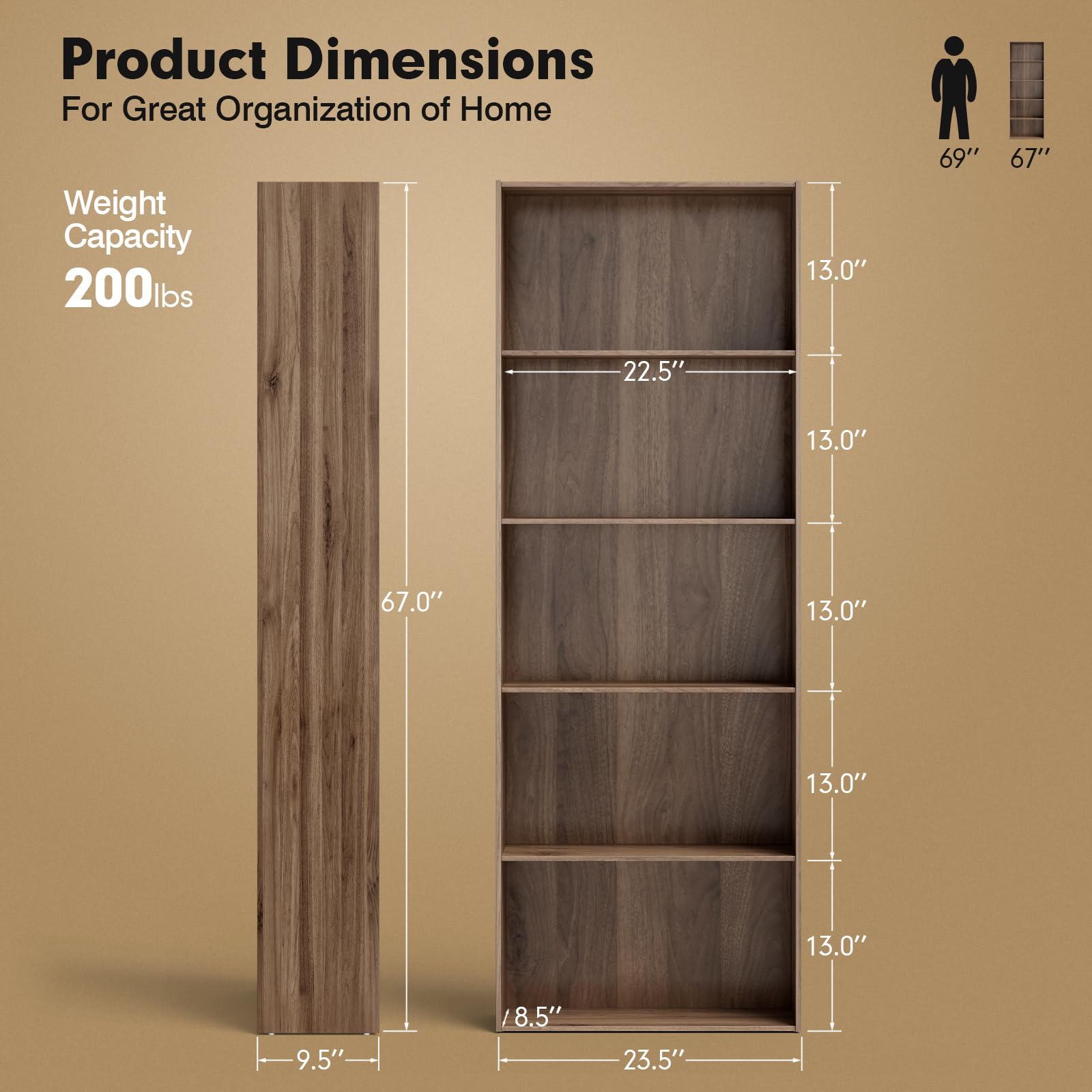 Tangkula 5-Shelf Bookcase, 23.5''L x 9.5''W x 67''H, Multi-Functional Wood Storage Display Open Bookshelf for Home Office (Walnut)