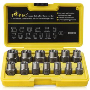 topec 13+1 piece impact bolt & nut remover set - 3/8" drive with nut extractor socket, hex adapter, and bolt remover tool for damaged, rusted, or rounded-off bolts, nuts, and screws