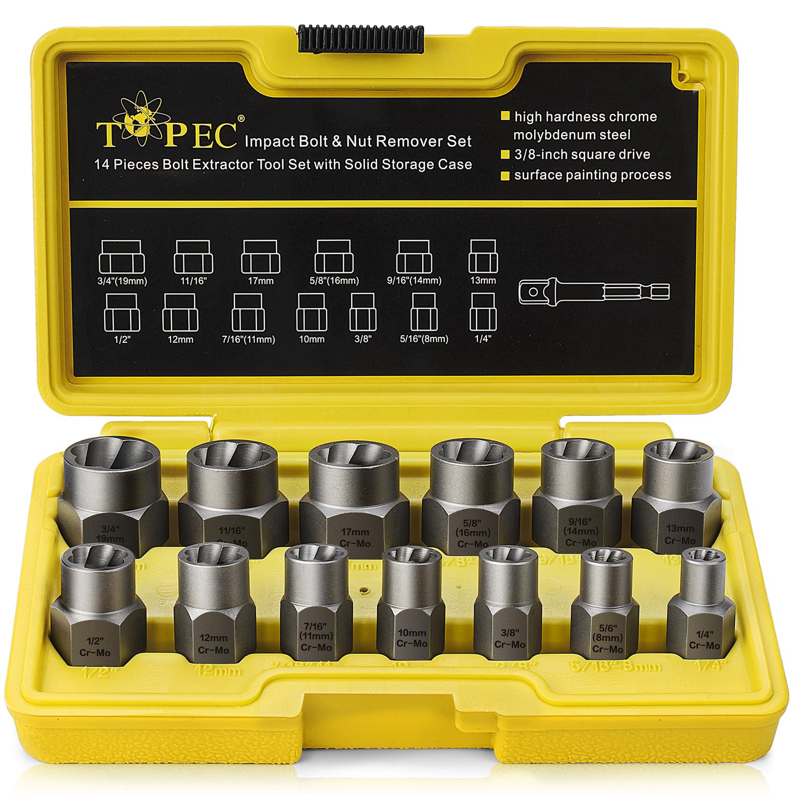 Topec 13+1 Piece Impact Bolt & Nut Remover Set - 3/8" Drive with Nut Extractor Socket, Hex Adapter, and Bolt Remover Tool for Damaged, Rusted, or Rounded-Off Bolts, Nuts, and Screws