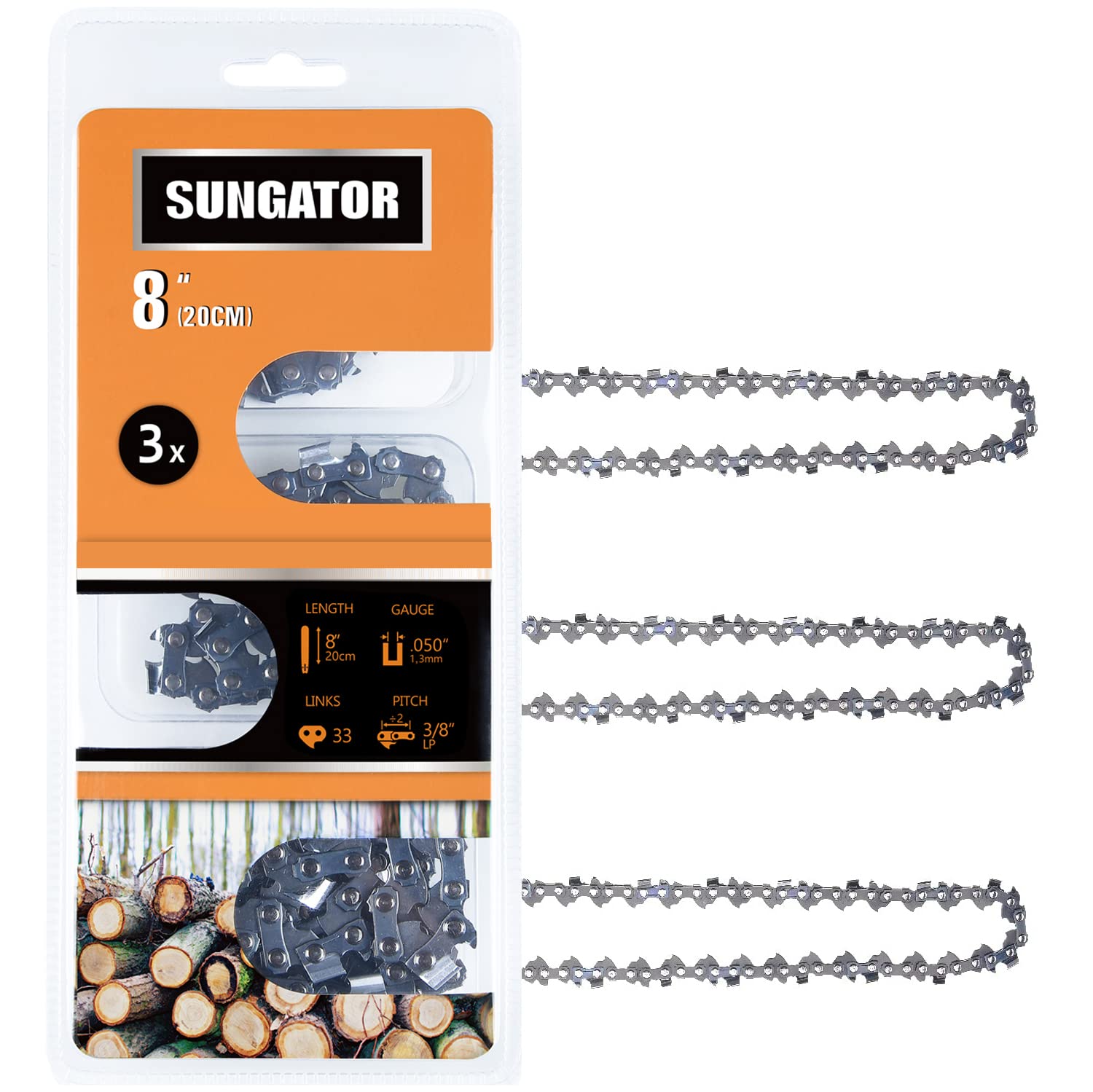 SUNGATOR 3-Pack 8 Inch Chainsaw Chain SG-S33, 3/8" LP Pitch - .050" Gauge - 33 Drive Links Compatible with Chicago, Earthwise, Greenworks and More