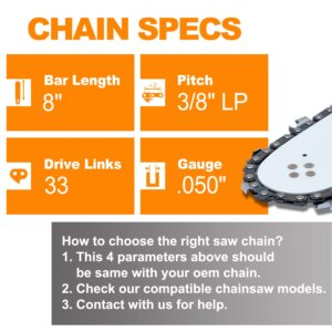 SUNGATOR 3-Pack 8 Inch Chainsaw Chain SG-S33, 3/8" LP Pitch - .050" Gauge - 33 Drive Links Compatible with Chicago, Earthwise, Greenworks and More