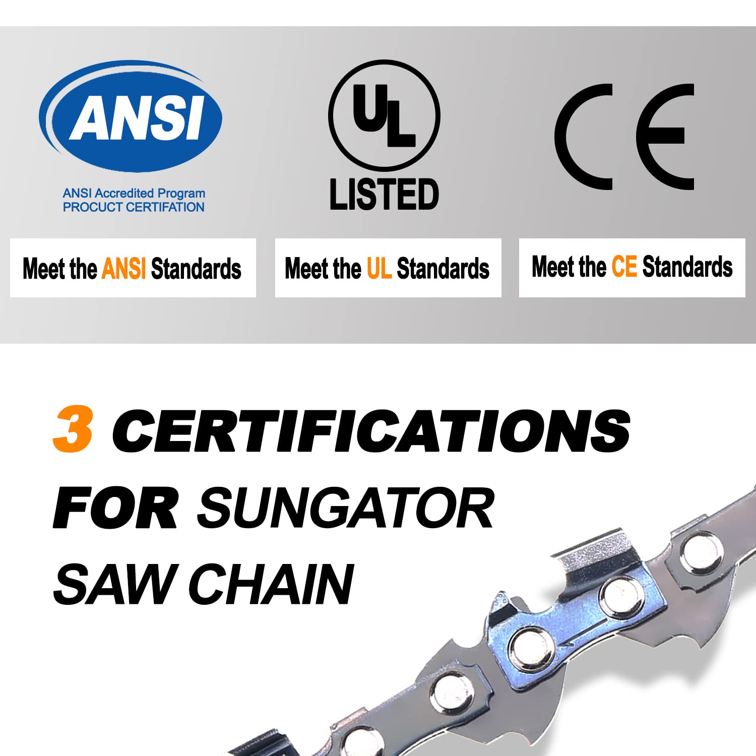 SUNGATOR 3-Pack 8 Inch Chainsaw Chain SG-S33, 3/8" LP Pitch - .050" Gauge - 33 Drive Links Compatible with Chicago, Earthwise, Greenworks and More