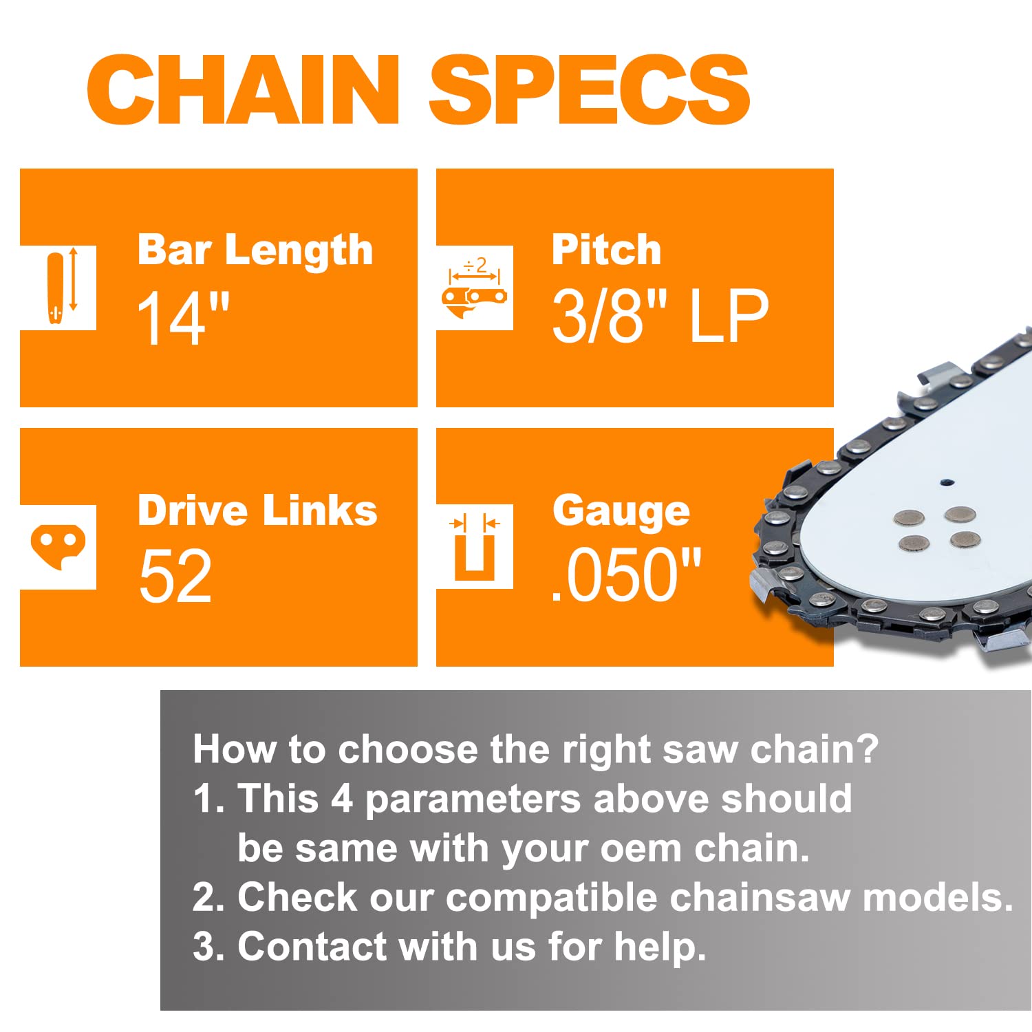 SUNGATOR 3-Pack 14 Inch Chainsaw Chain SG-S52, Compatible with Echo CS310, Ryobi RY3714, 3/8" LP Pitch - .050" Gauge - 52 Drive Links, Compatible with Craftsman, Poulan, Ryobi, Homelite, Echo and more