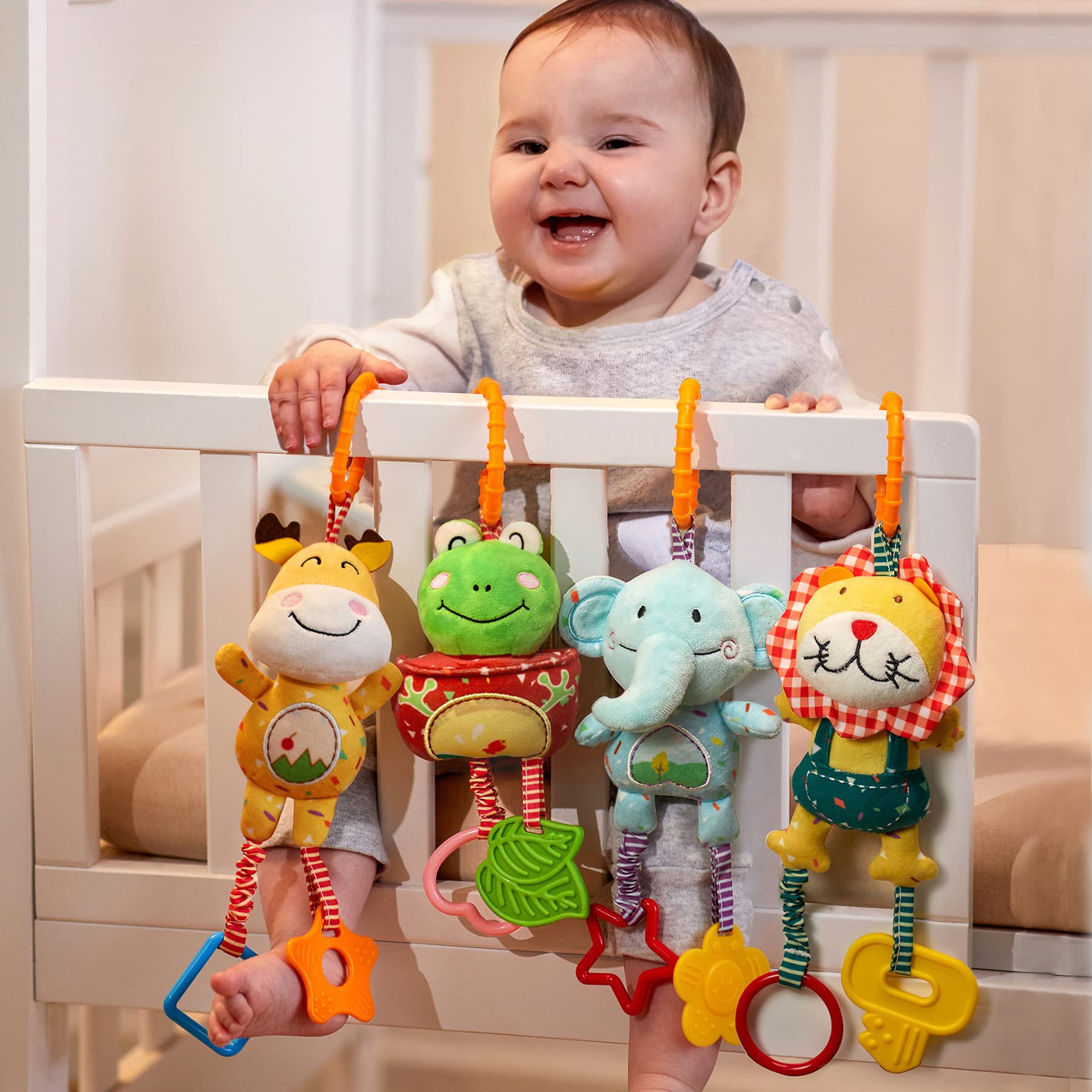 TUMAMA Baby Toys for 0, 3, 6, 9, 12 Months, Handbells Baby Rattles, Soft Plush Early Development Stroller Car Toys for Infant, Newborn Birthday Gifts, 4 Pack