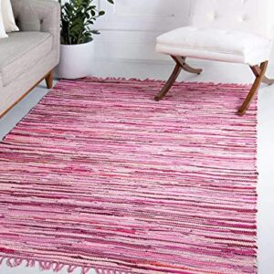 Unique Loom Chindi Cotton Collection Hand Woven Natural Fibers Area Rug_CCH002, 4 ft x 6 ft, Pink/Ivory