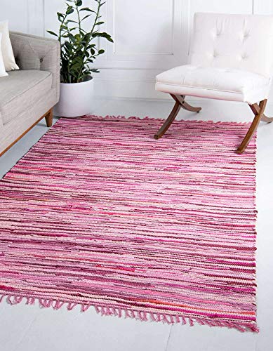 Unique Loom Chindi Cotton Collection Hand Woven Natural Fibers Area Rug_CCH002, 4 ft x 6 ft, Pink/Ivory