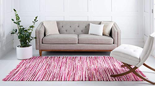 Unique Loom Chindi Cotton Collection Hand Woven Natural Fibers Area Rug_CCH002, 4 ft x 6 ft, Pink/Ivory