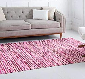 Unique Loom Chindi Cotton Collection Hand Woven Natural Fibers Area Rug_CCH002, 4 ft x 6 ft, Pink/Ivory