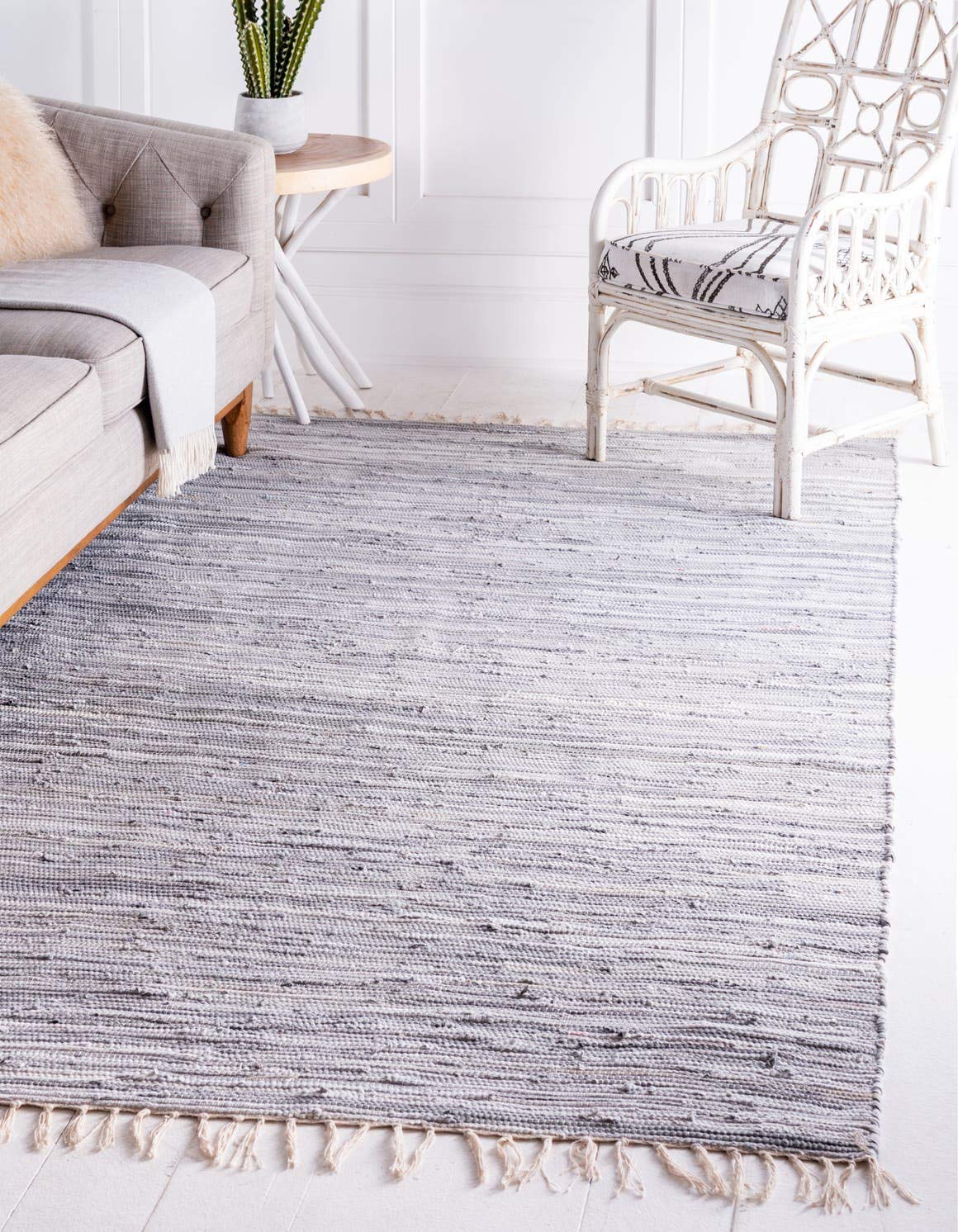 Unique Loom Chindi Cotton Collection Soft Hand Woven Natural Fiber Striped Area Rug, 9 ft x 12 ft, Gray/Ivory