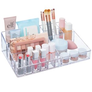 stori audrey clear vanity makeup organizer | 15-compartment holder for brushes, eyeshadow palettes, & beauty supplies | stacks on audrey storage drawers | made in usa