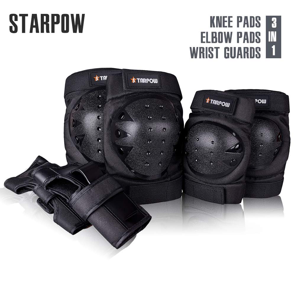 Knee Pads For Kids/Adult Elbows Pads Wrist Guards 3 In 1 Protective Gear Set For Skateboarding, Roller Skating, Rollerblading, Snowboarding, Cycling(S/M/L) By STARPOW (Black, Youth)