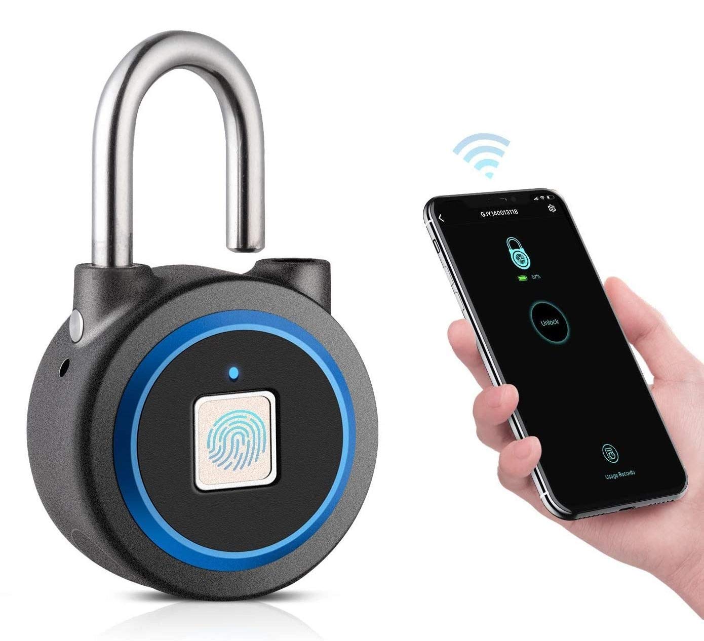 Fingerprint Padlock, Bluetooth Thumbprint Lock USB Rechargeable IP65 Waterproof Ideal for Locker, Gate,Handbags, Golf Bags, Wardrobes, Gym, Door, Luggage, Suitcase, Backpack, Fence,Bike, Office (Blue)