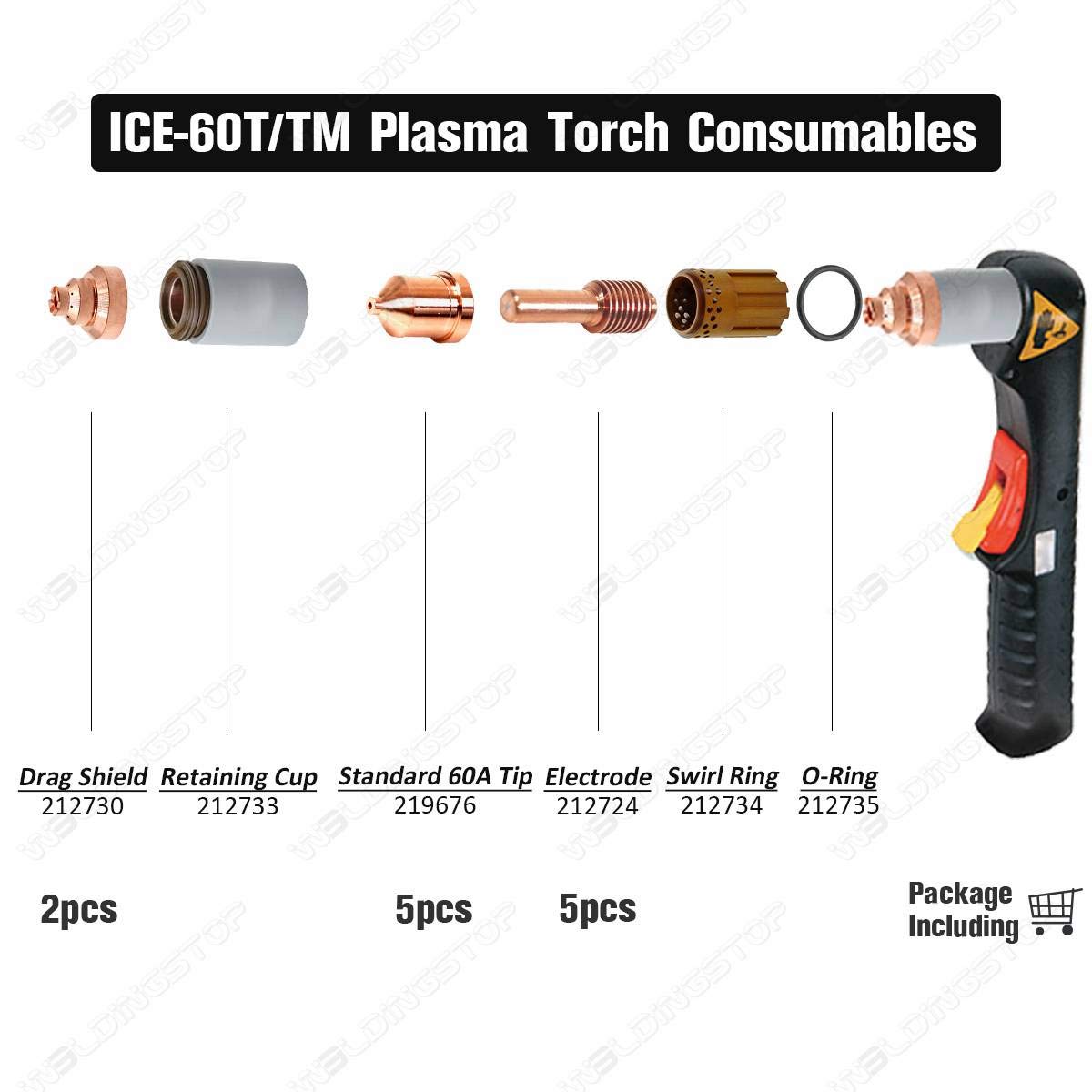 WeldingStop ICE-60T Plasma Cutting Torch 219676 Tip, 212724 Electrode, 212730 Drag Shield PK/12 NOT Miller Original