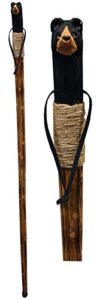 rustic axentz wood walking trekking hiking pole stick with twine grip, rubber tip, wrist strap, 46", carved bear