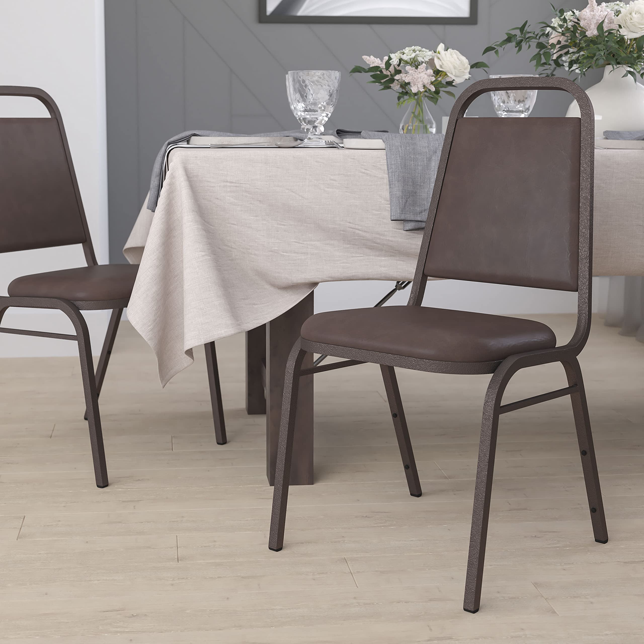 EMMA + OLIVER Trapezoidal Back Banquet Chair, Brown Vinyl/Copper Vein Frame