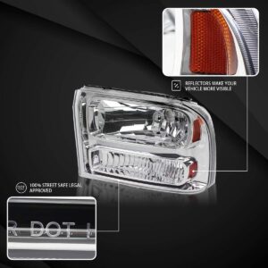 AUTOZENSATION Compatible with 1999-2004 Ford F250 F350 F450 F550 Superduty 2000-2004 Ford Excursion Chrome 1Pc Style Headlights W/Bumper Lamp L + R Pair Headlamp