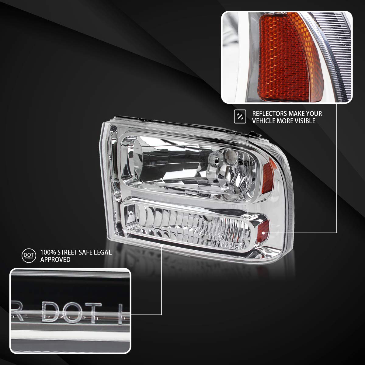 AUTOZENSATION Compatible with 1999-2004 Ford F250 F350 F450 F550 Superduty 2000-2004 Ford Excursion Chrome 1Pc Style Headlights W/Bumper Lamp L + R Pair Headlamp