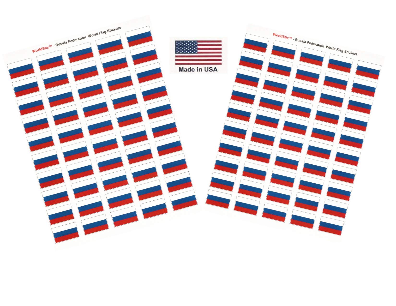 Made in USA! 100 Country Flag 1.5" x 1" Self Adhesive World Flag Scrapbook Stickers, Two Sheets of 50, 100 International Sticker Decal Flags Total (Russia)