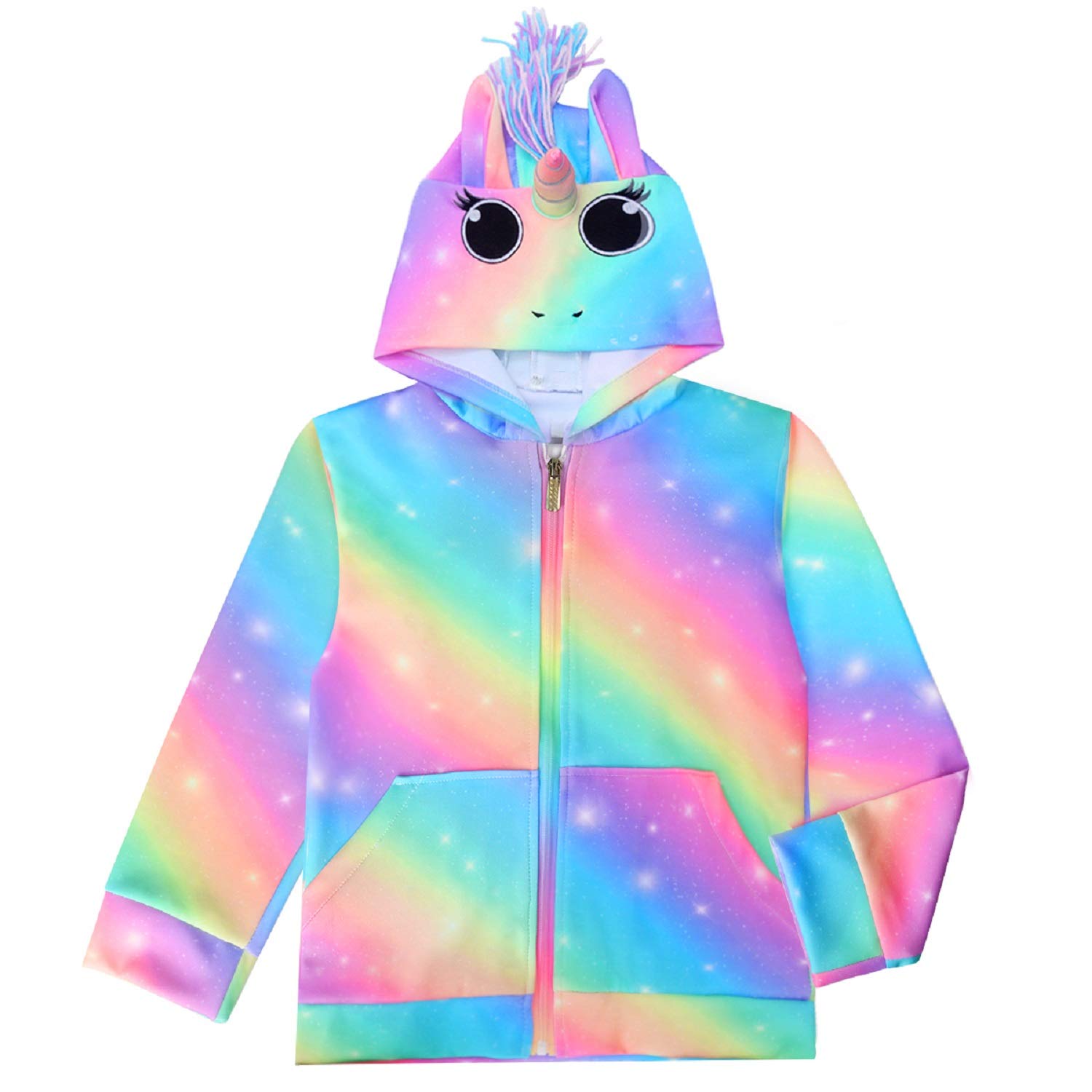 Girls Hoodie Kids Jacket Zip Up Sweatshirt Rainbow Unicorn Clothes with Pocket