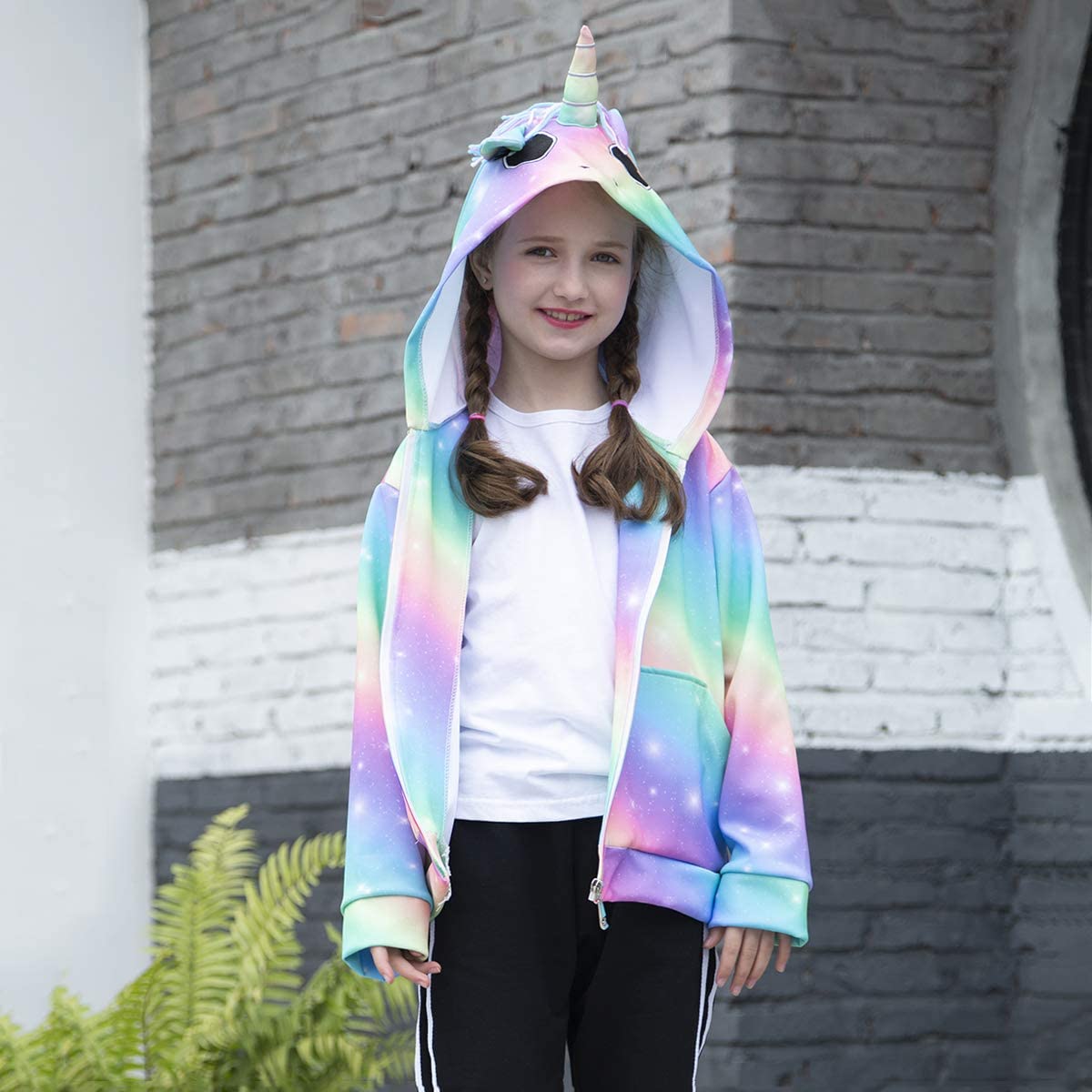 Girls Hoodie Kids Jacket Zip Up Sweatshirt Rainbow Unicorn Clothes with Pocket