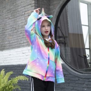 Girls Hoodie Kids Jacket Zip Up Sweatshirt Rainbow Unicorn Clothes with Pocket