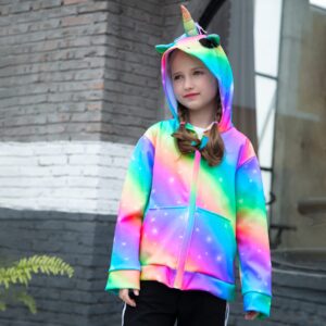 Girls Hoodie Kids Jacket Zip Up Sweatshirt Rainbow Unicorn Clothes with Pocket