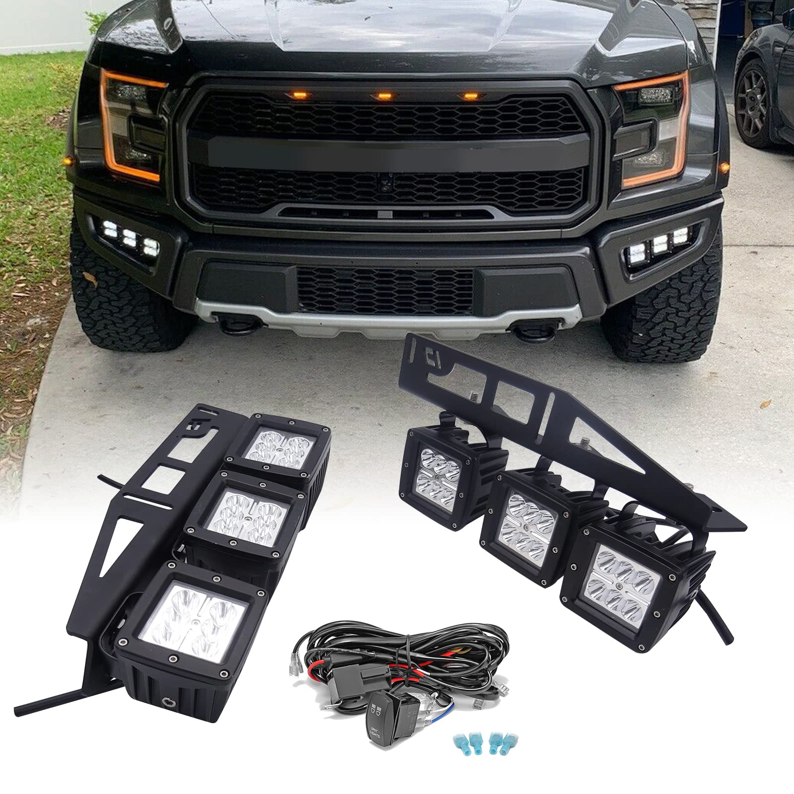 Dasen 6x 24W LED Fog Work Light Pods & Front Bumper Mount Bracket Kit w/Rocking Switch Wiring Kit Compatible with 2017-2020 2nd Generation Fit Ford SVT Raptor