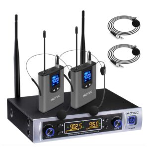 hotec uhf dual wireless microphone system with lapel lavalier and headset microphones over pa, mixer, speaker, karaoke machine for church, training, classroom, interview (h-k25)