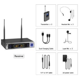 HOTEC UHF Dual Wireless Microphone System with Lapel Lavalier and Headset Microphones Over PA, Mixer, Speaker, Karaoke Machine for Church, Training, Classroom, Interview (H-K25)