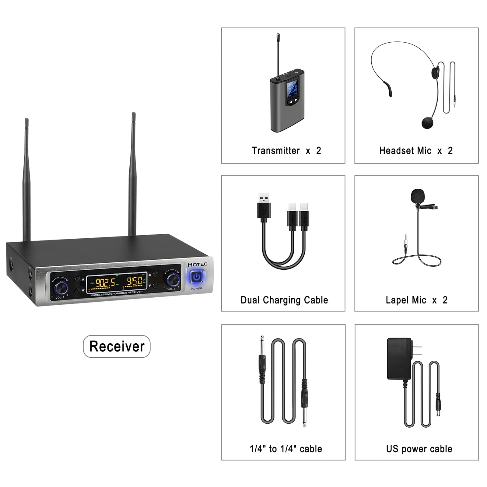 HOTEC UHF Dual Wireless Microphone System with Lapel Lavalier and Headset Microphones Over PA, Mixer, Speaker, Karaoke Machine for Church, Training, Classroom, Interview (H-K25)