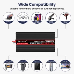 novopal power inverter pure sine wave 2000 watt 12v dc to 110v/120v ac converter- 4 ac outlets car inverters with one usb port,16.4ft remote control-peak power 4000 watt