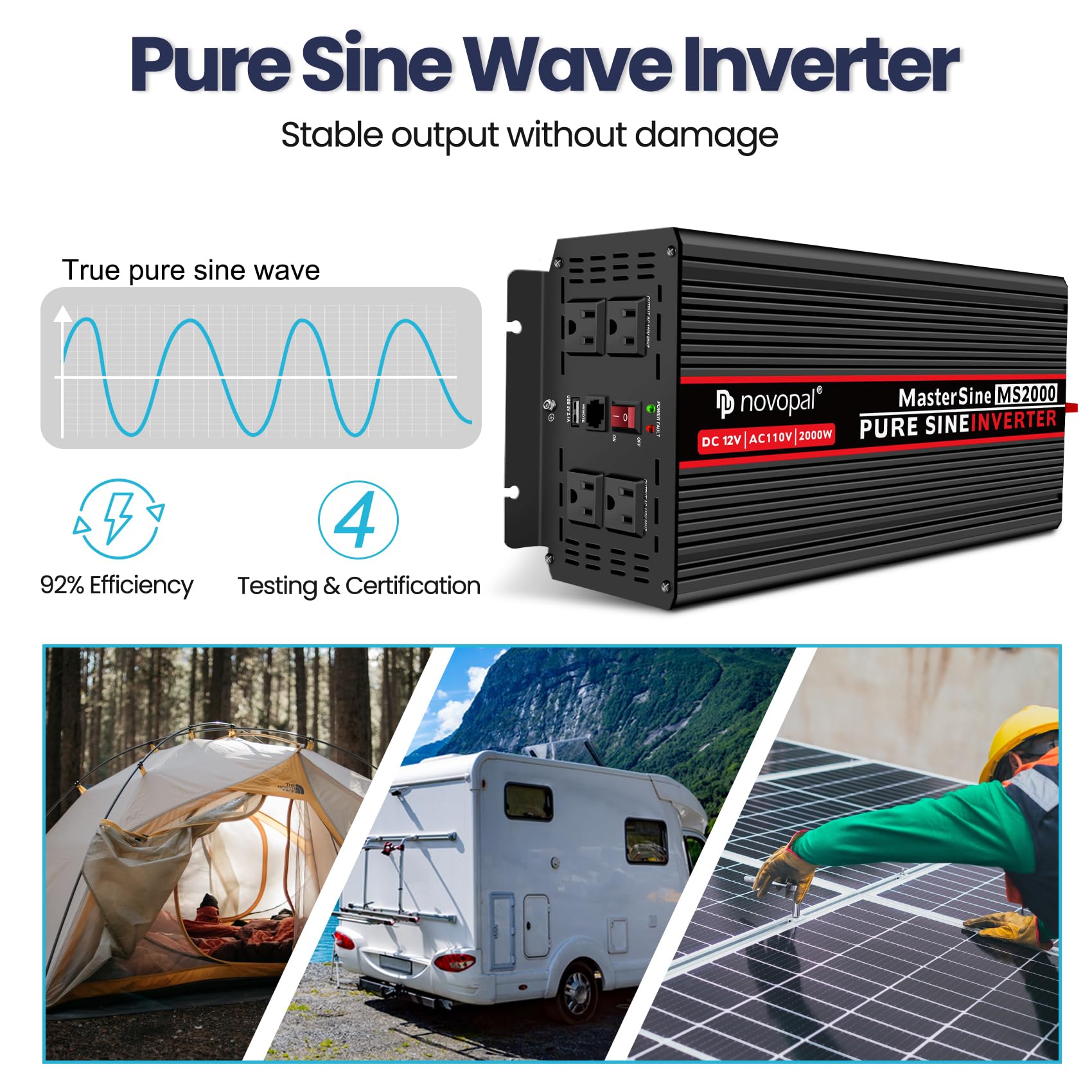 Novopal Power Inverter Pure Sine Wave 2000 Watt 12V DC to 110V/120V AC Converter- 4 AC Outlets Car Inverters with One USB Port,16.4Ft Remote Control-Peak Power 4000 Watt