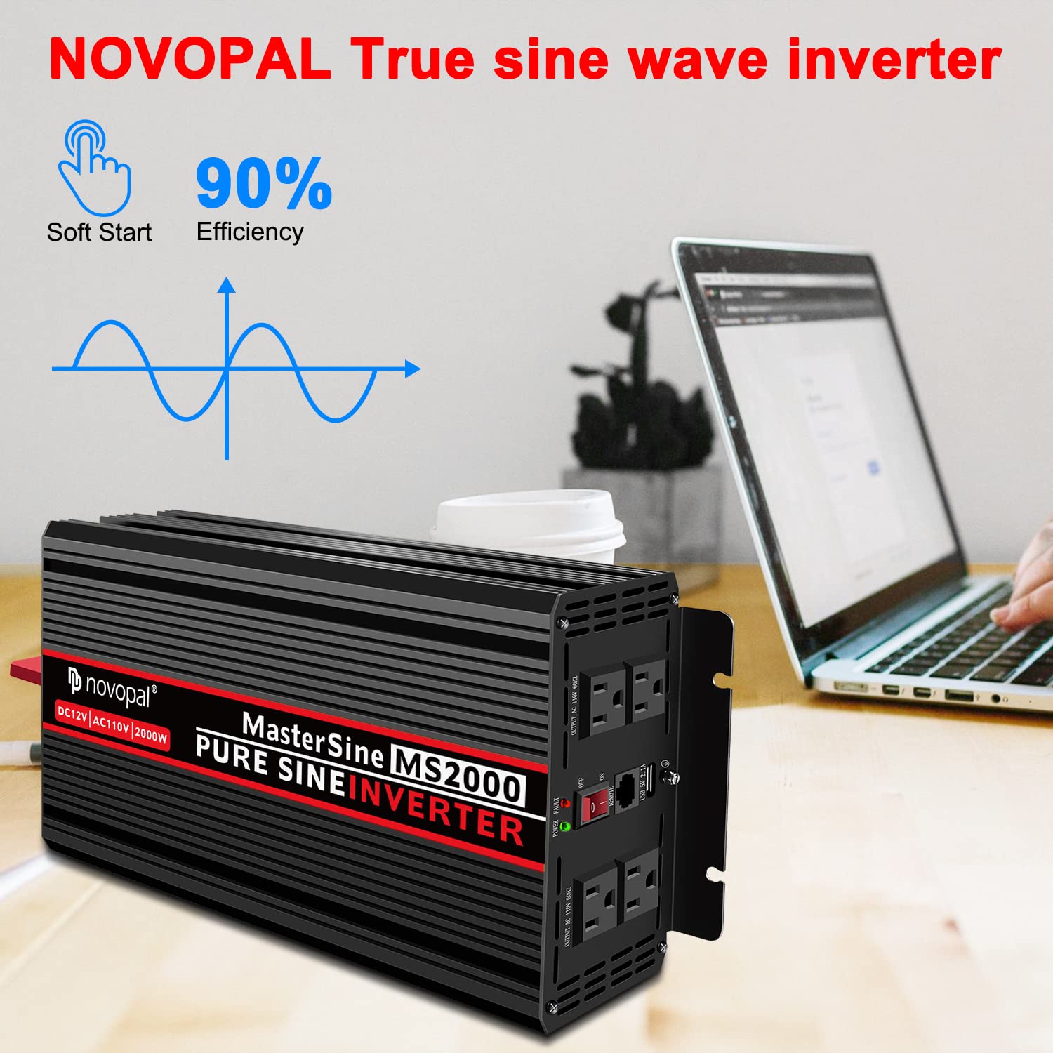 Novopal Power Inverter Pure Sine Wave 2000 Watt 12V DC to 110V/120V AC Converter- 4 AC Outlets Car Inverters with One USB Port,16.4Ft Remote Control-Peak Power 4000 Watt